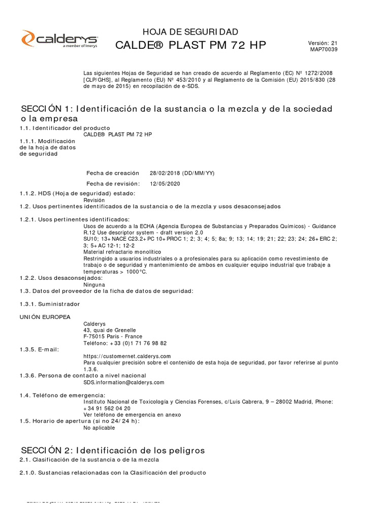HOJA de Seguridad Calde Plast | PDF | Residuos | Química