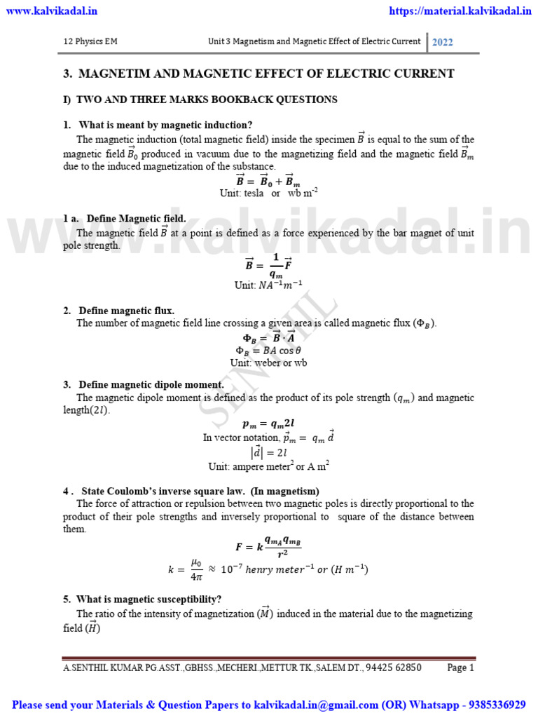 3 Magnetism and Magnetic Effect of Electric Current EM 2022 | PDF ...
