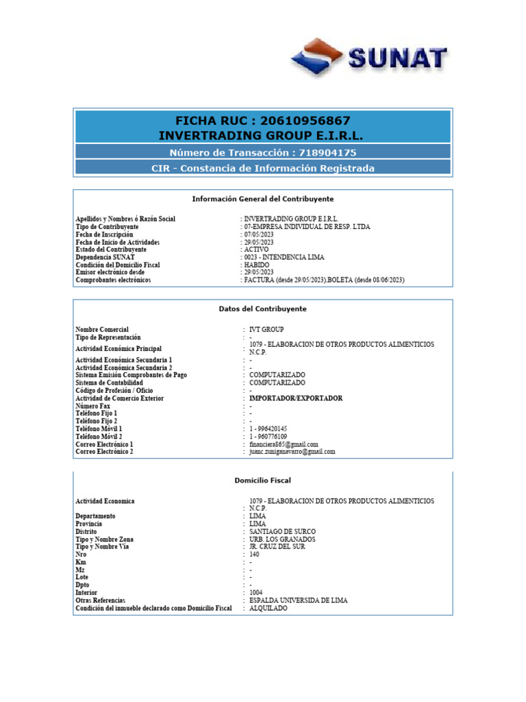 Ficha Ruc | PDF | Industrias de servicio