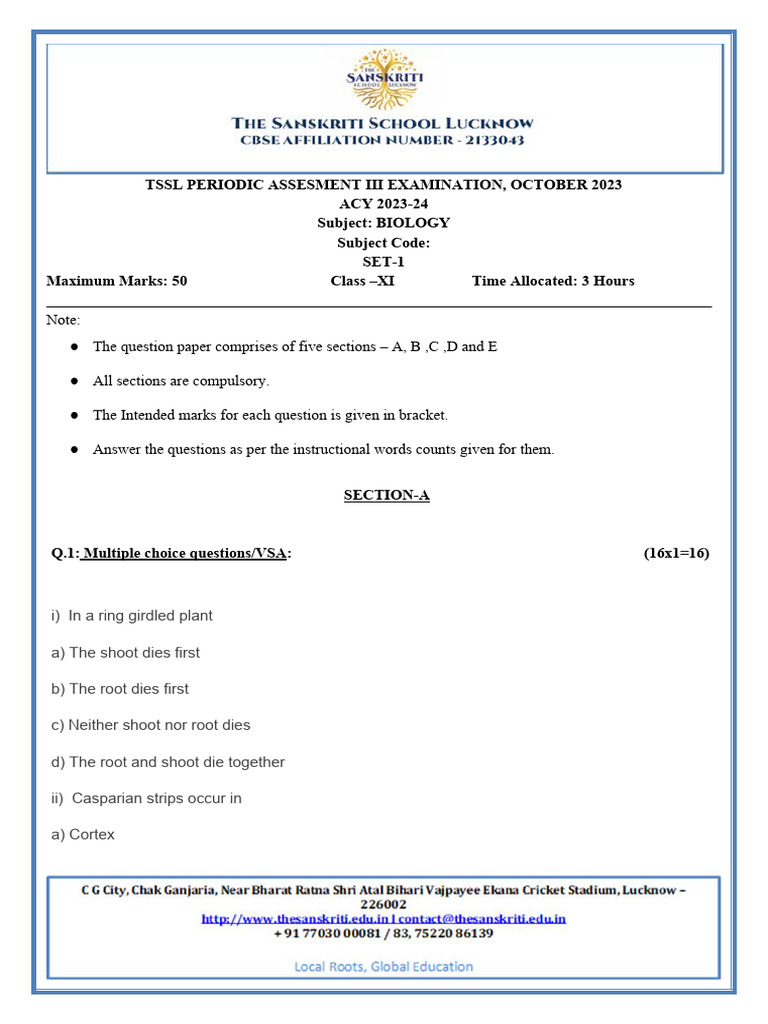 Class Xi Biology Periodic Assesment Iii Examination Question Paper Acy ...