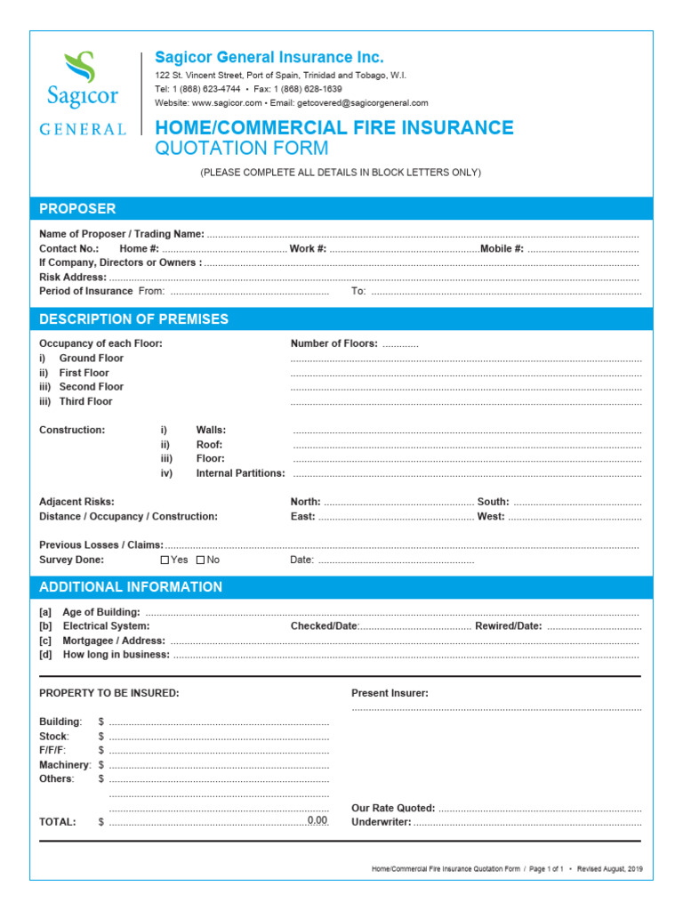 Fire Insurance Quotation Form | PDF | Insurance | Risk