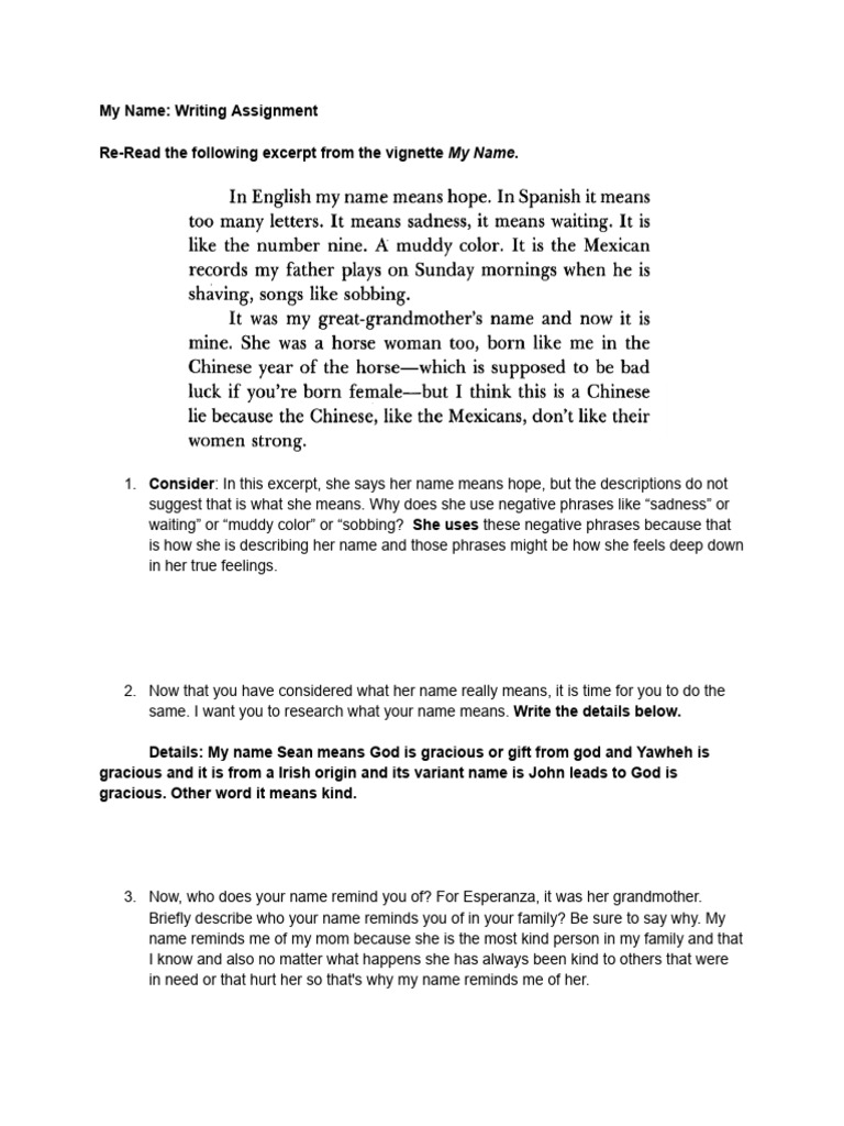 Sean Sanchez, My Name - Writing Assignment | PDF | Self-Improvement