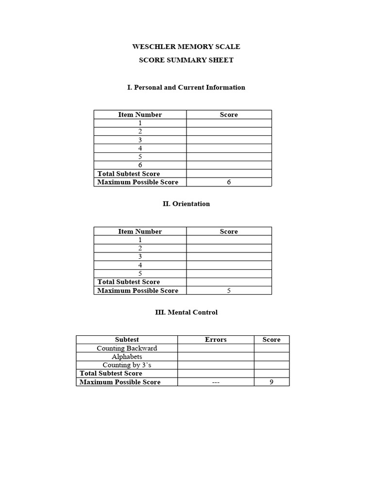 WMS Score Summary Sheet | PDF | Cognition | Mental Processes