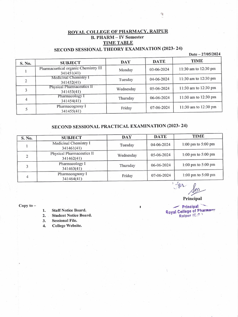 IV Sem Time Table 27 05 2024 | PDF | Pharmacology | Pharmaceutical Sciences