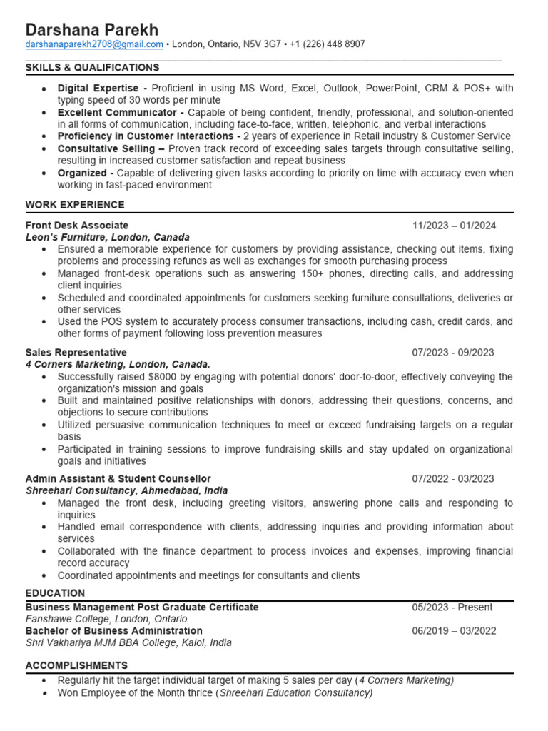 AD Resume_Darshana Parekh | Download Free PDF | Sales | Economies