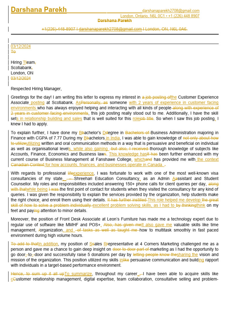 Darshana Parekh Cover Letter Scotiabank With Edits | PDF | Expert ...
