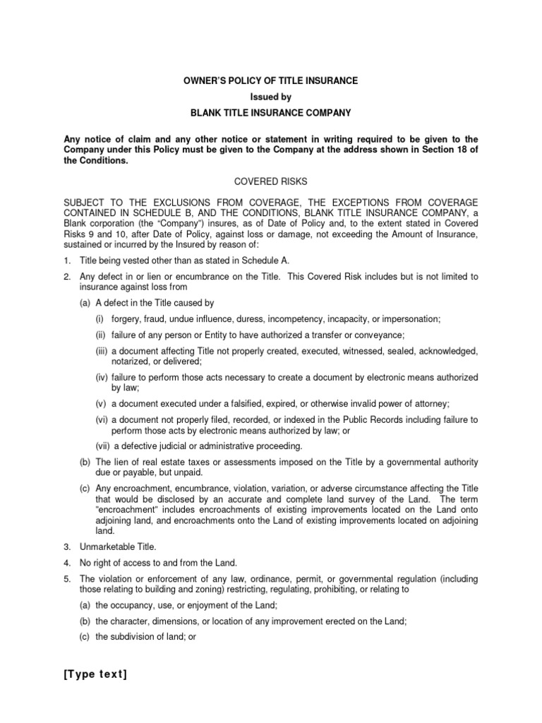 Sample-Owner's Policy of Title Insurance | PDF | Insurance | Costs In ...