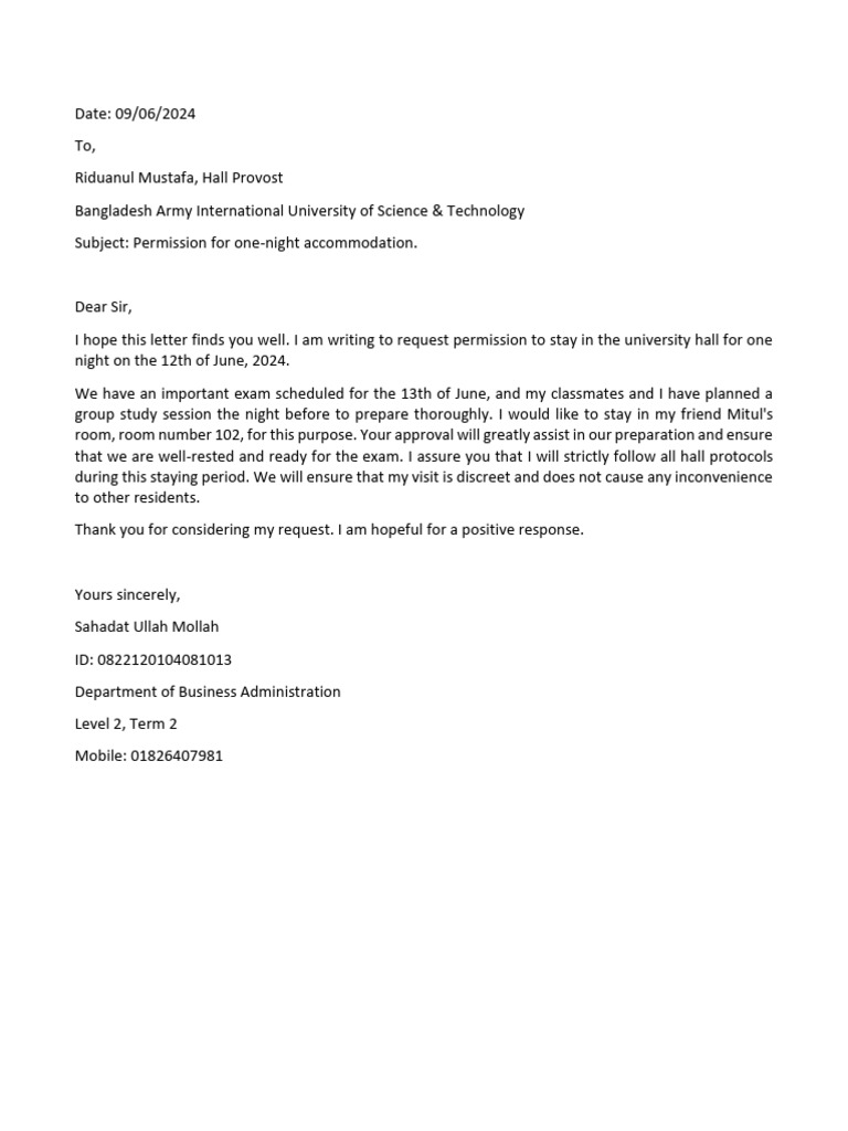 One-Night Hall Accommodation Request | PDF | Career & Growth | Finance ...