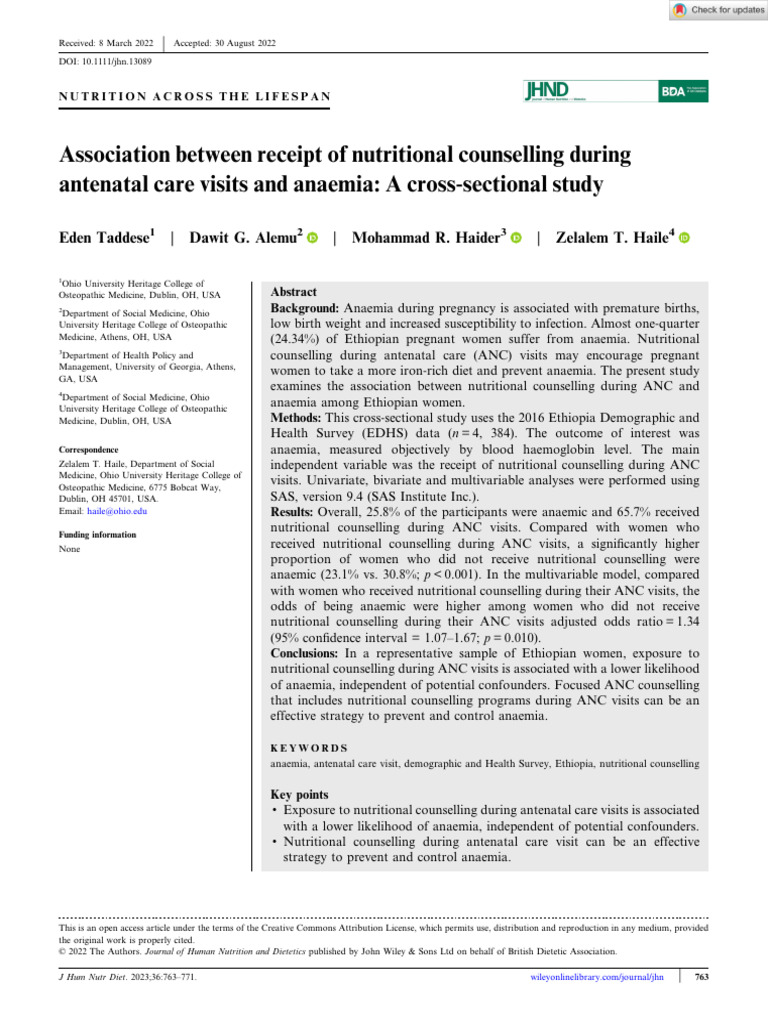 J Human Nutrition Diet - 2022 - Taddese - Association Between Receipt of Nutritional Counselling ...