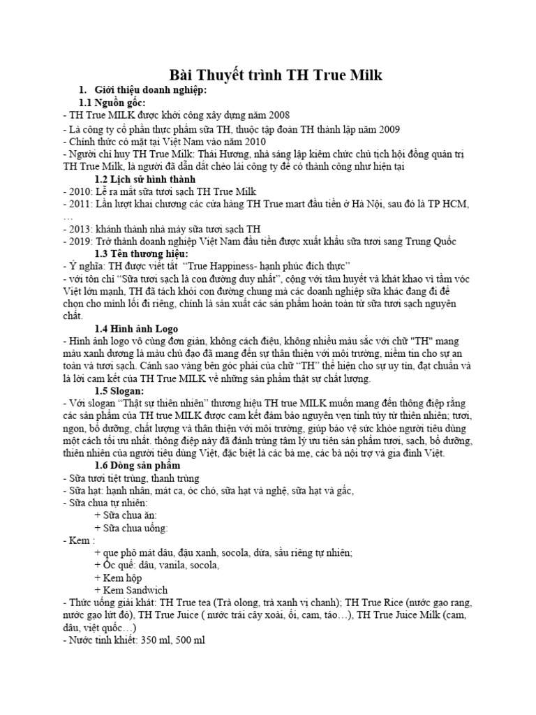 Bài Thuyết trình TH True Milk | PDF