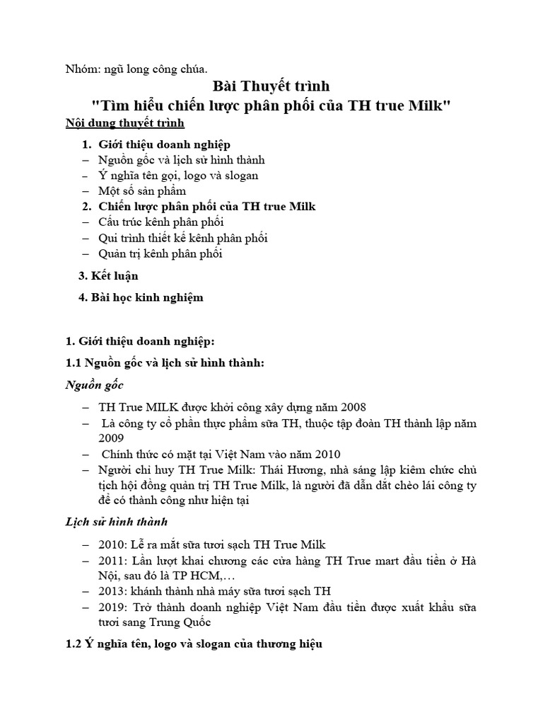 Bài Thuyết trình "Tìm hiểu chiến lược phân phối của TH true Milk" | PDF