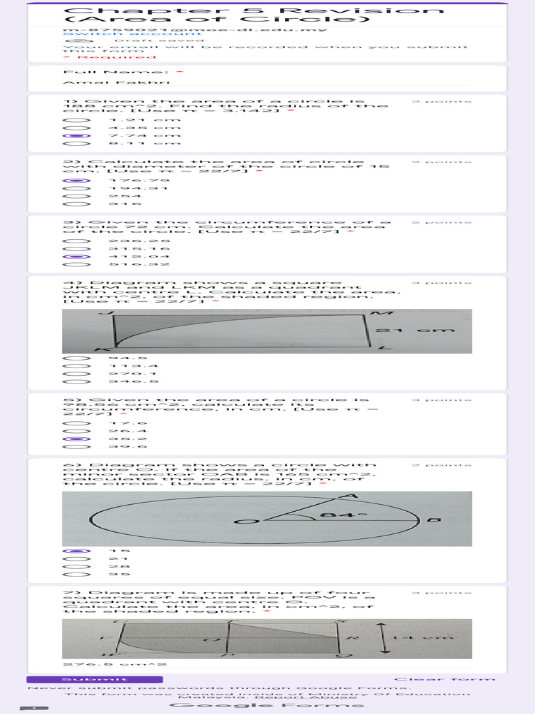 Circle Area Calculations Quiz | PDF | Teaching Methods & Materials ...