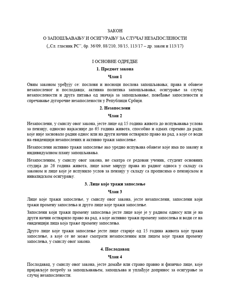 Zak. o Zaposlj. I Osigu. Za Sl. Nezaposl. | PDF