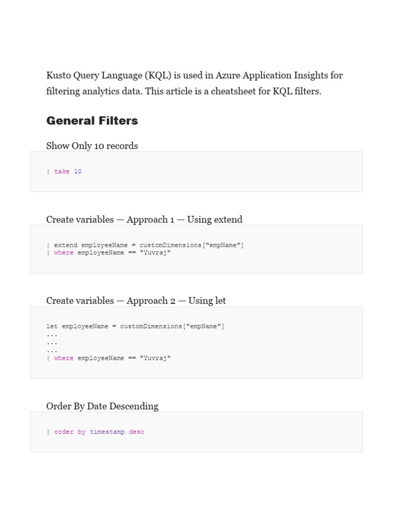 Kusto Query Language | Download Free PDF | Computer Programming | Computing