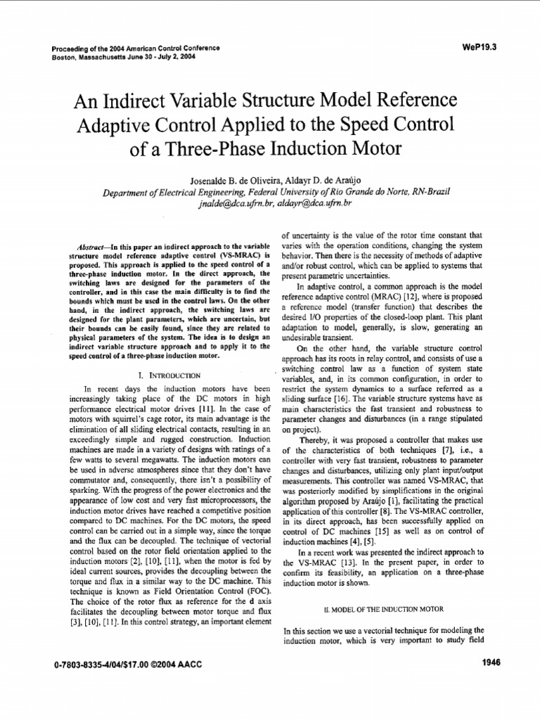 An Indirect Variable Structure Model Reference Adaptative Control Applied To The Speed Control ...
