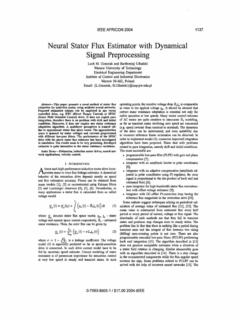 Neural Stator Flux Estimator With Dynamical Signal Preprocessing (2004) | PDF | Artificial ...