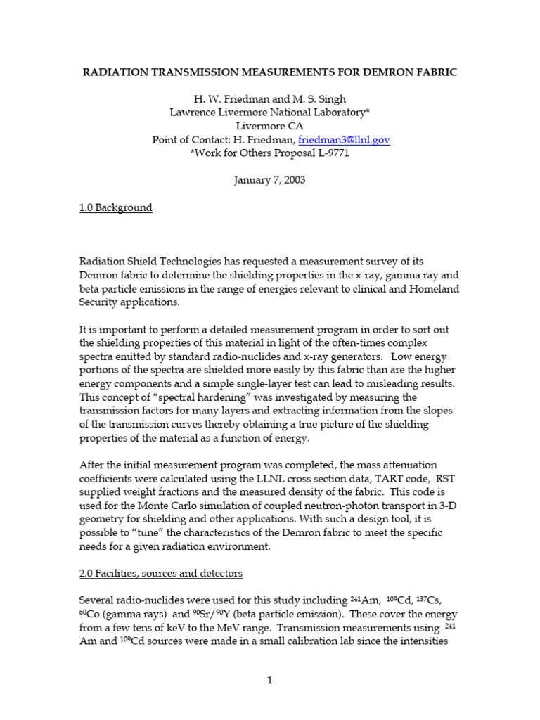 Radiation Transmission Measurements For Demron Fabric H. W. Friedman ...