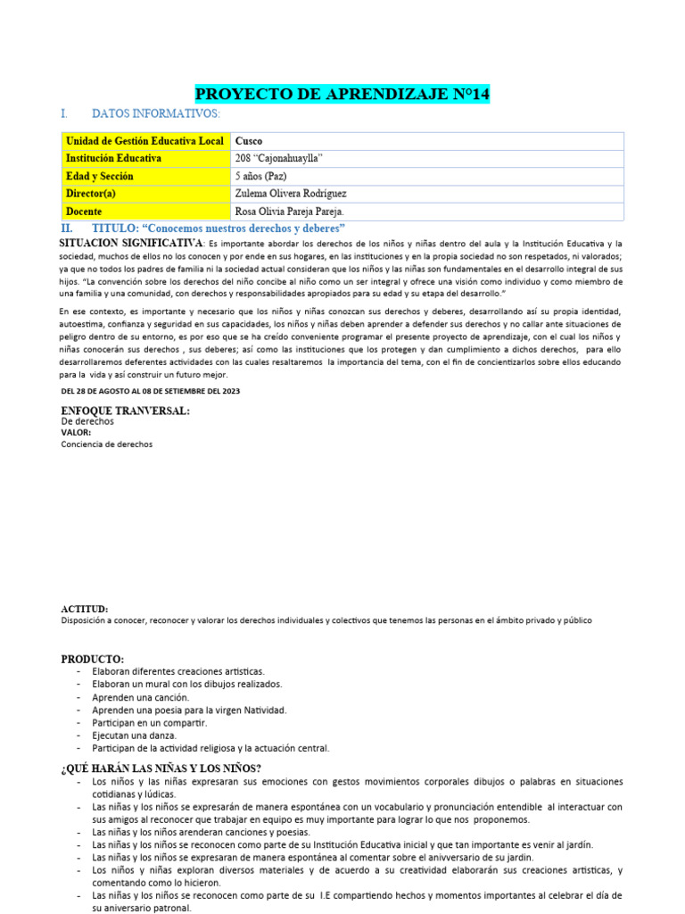 Proyecto de Aprendizaje #14 Conozco Mis Derechos y Deberes | PDF | Evaluación | Las emociones