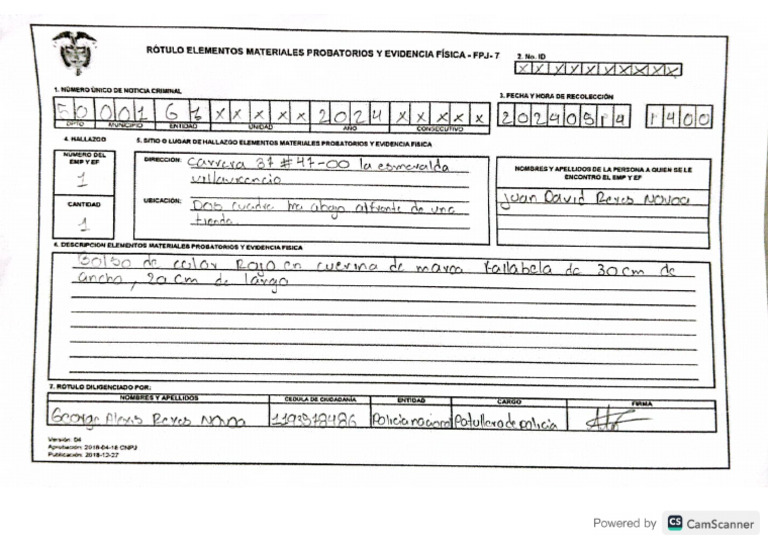 Rotulo Elementos Materiales Probatorios y Evidencias Físicas - FJP-7 | PDF