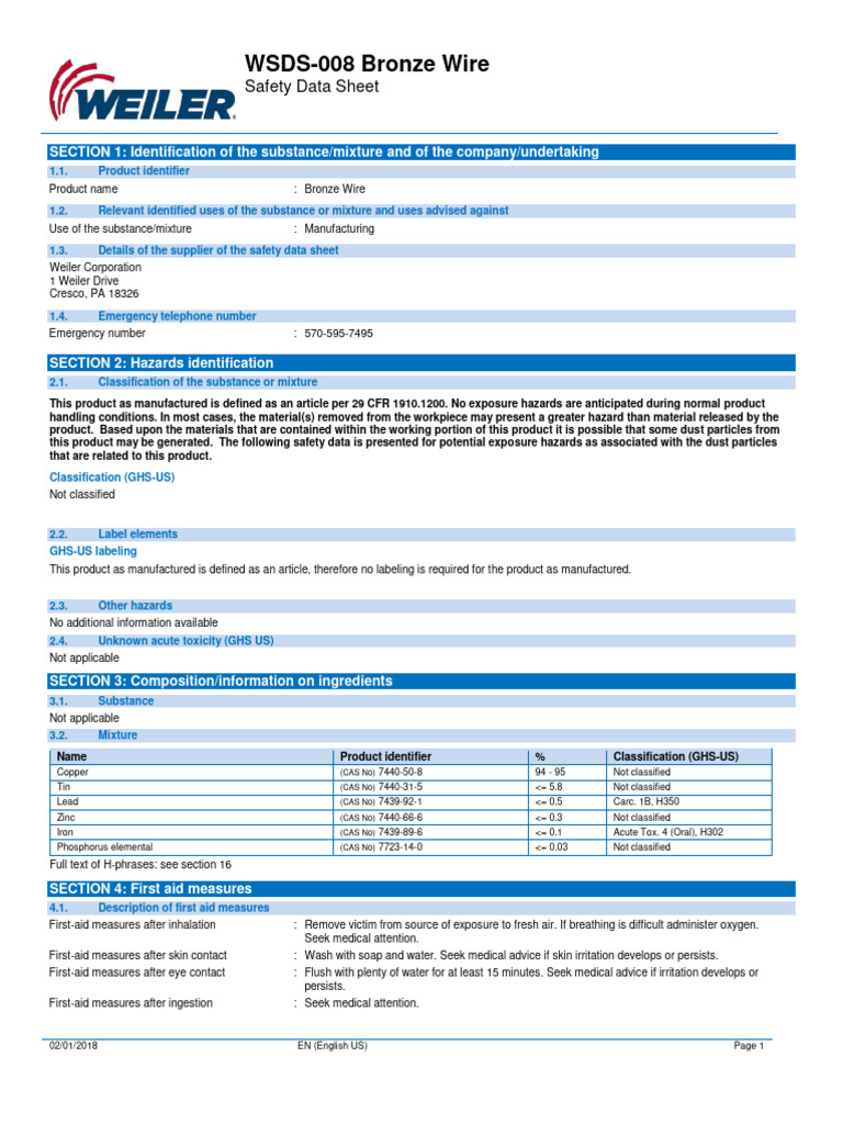 WSDS-008 Bronze Wire SDS (EN) Rev. A | PDF | Occupational Safety And ...