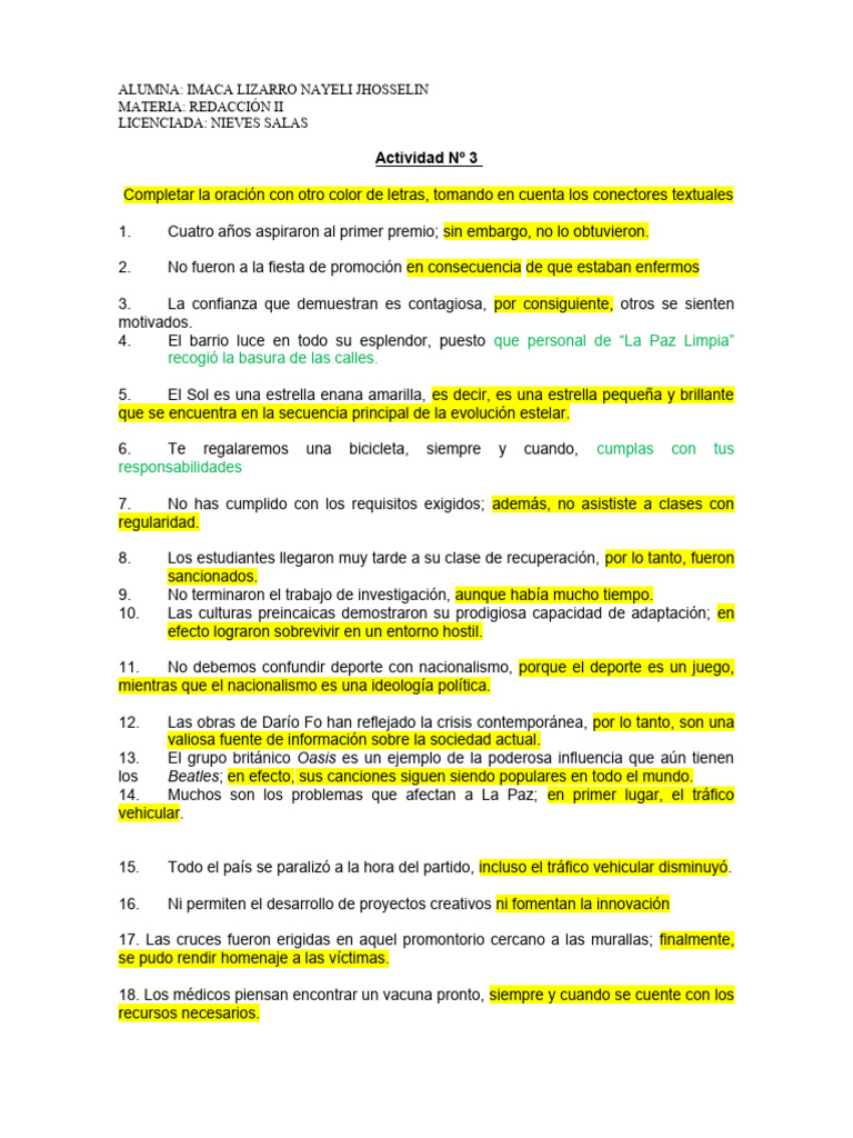 Práctica Sobre Conectores Textuales | PDF | Historia