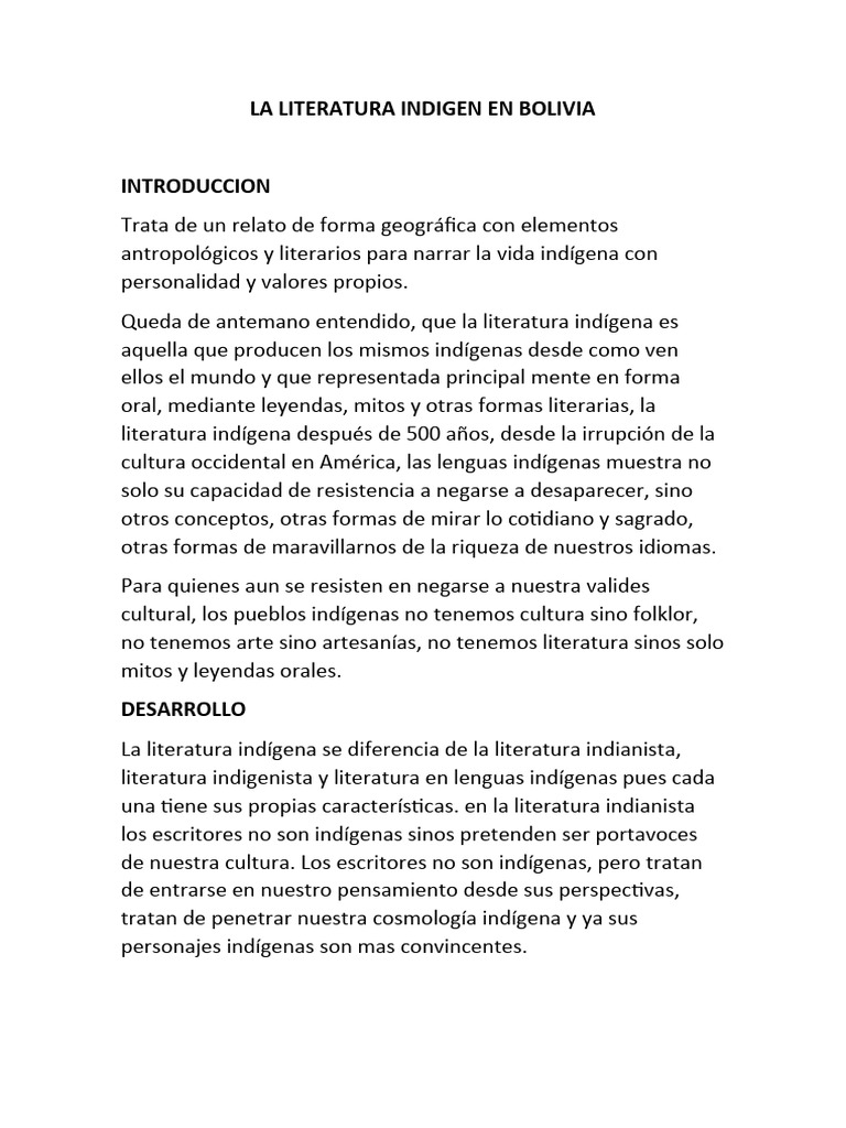 La Literatura Indigen en Bolivia | PDF | Folklore | Educación en artes ...