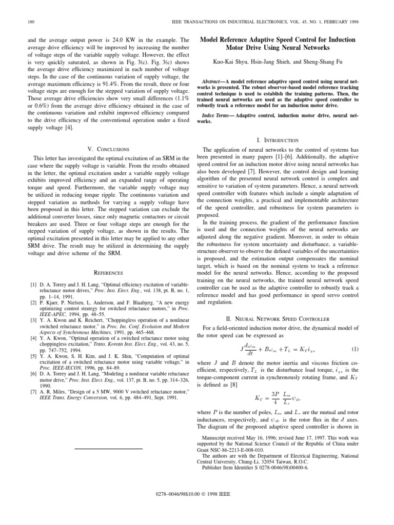 Model Reference Adaptive Speed Control For Induction Motor Drive Using Neural Networks 1998