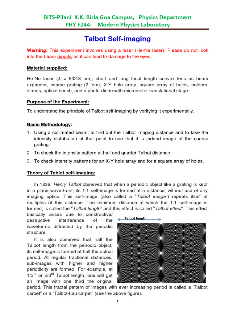 Talbot Imaging 2024 Pdf Diffraction Optics