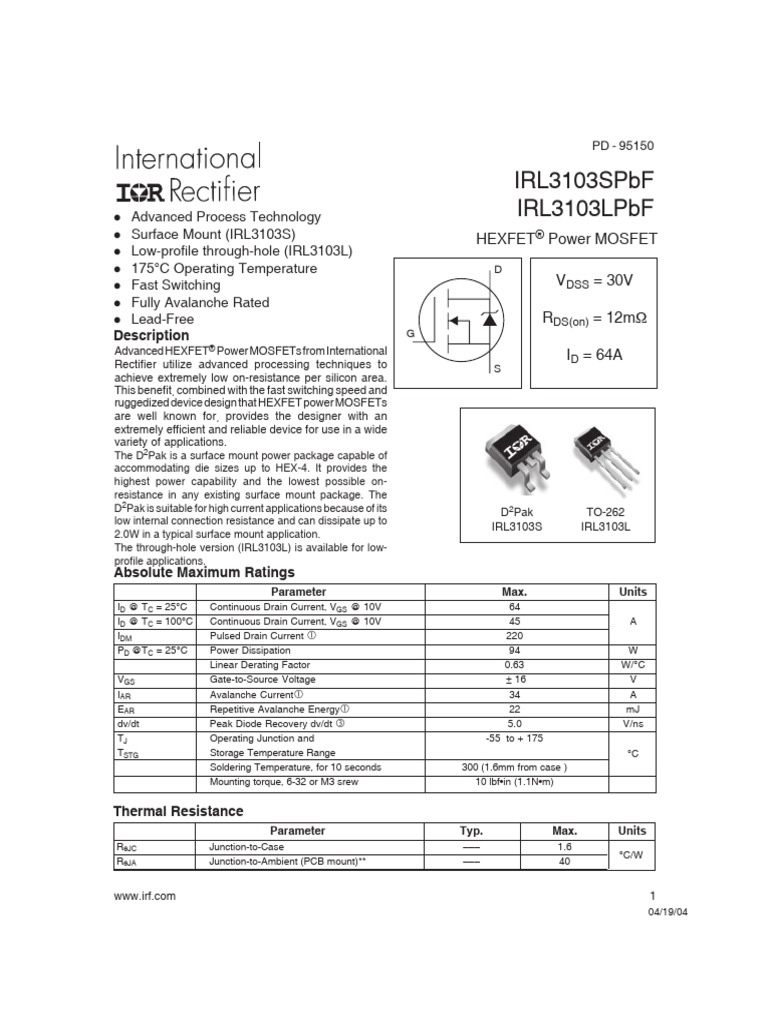 Infineon IRL3103S DataSheet v01 - 01 EN | PDF | Field Effect Transistor | Mosfet