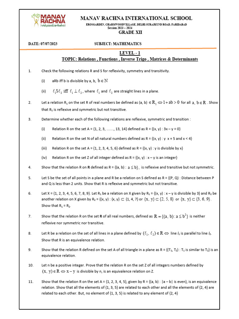 Level 1 12TH Mathematics | PDF | Functions And Mappings | Theoretical Physics