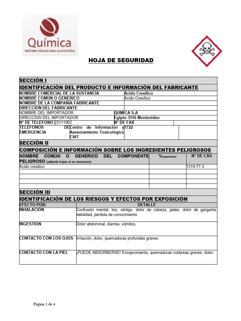MSDS Acido Cres | PDF | Agua | Quemar