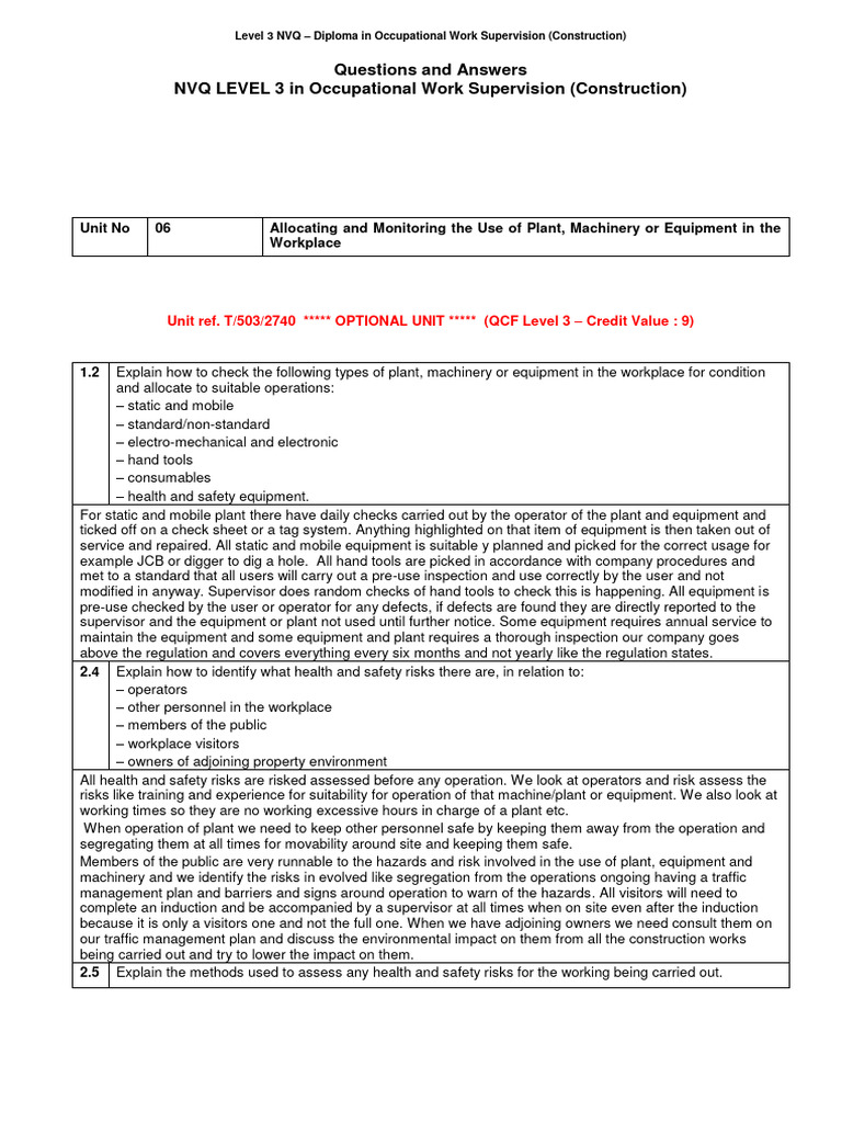 NVQ Level 3 OWS Questions SHEET | PDF | Occupational Safety And Health ...