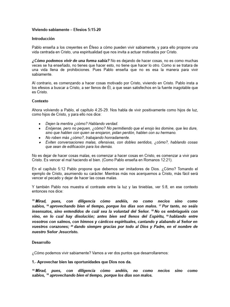 Bosquejo Efesios 5 15-20 | PDF | Cristo (título) | Jesús