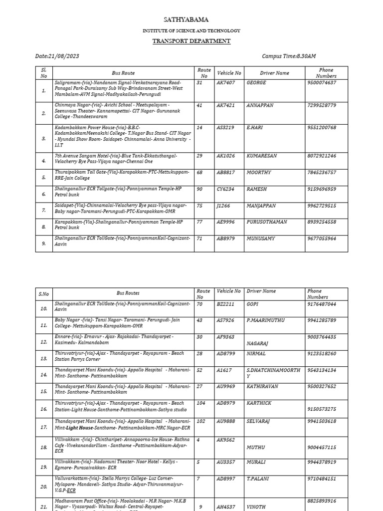 Kaiveli Bus Stop Transport Details | PDF | Transport | Land Transport