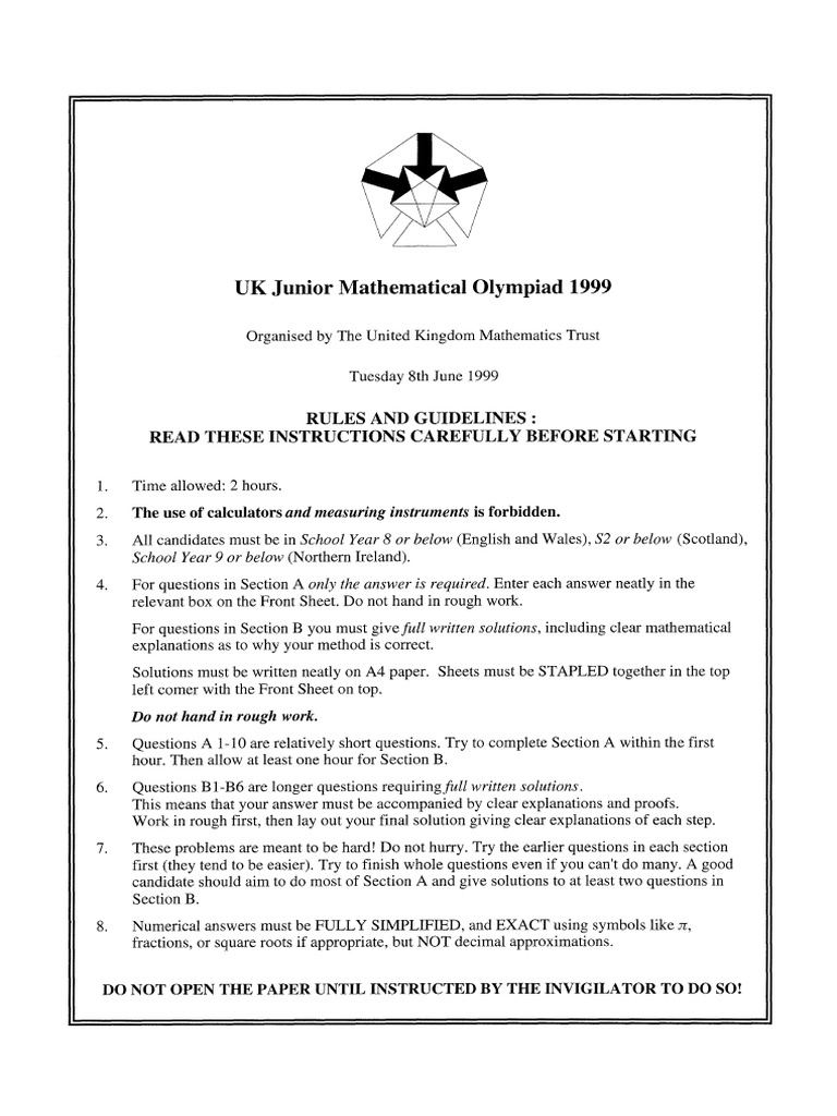 UKMT - JMO - Junior Mathematical Olympiad 1999 - Questions | PDF