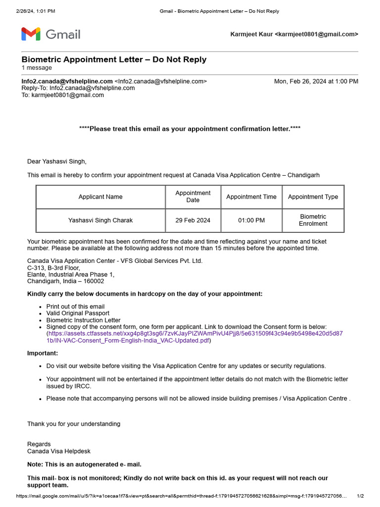 Canada Visa Biometric Appointment Confirmation | PDF | Government And ...
