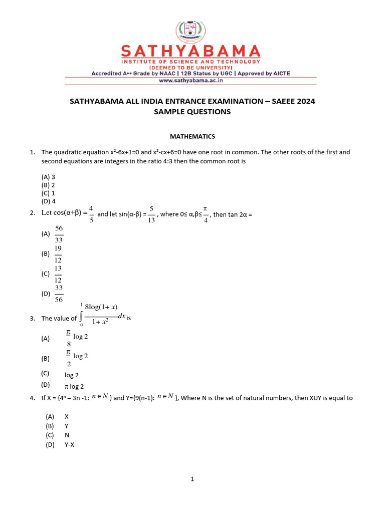 SAEEE 2024 Sample Questions | PDF | Light | Refractive Index