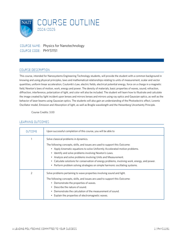 Course Outline PHYS1151 - 2024 | PDF | Optics | Light