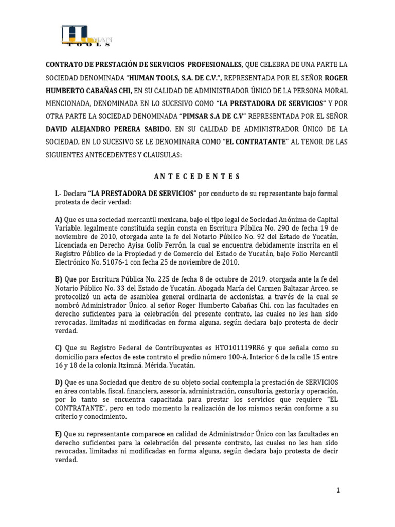 Contrato de Servicios entre Human Tools y PIMSAR | PDF | Sociedad de ...