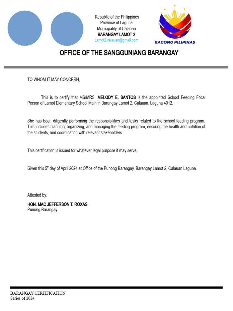 Barangay Certification for School Feeding Focal Person | PDF