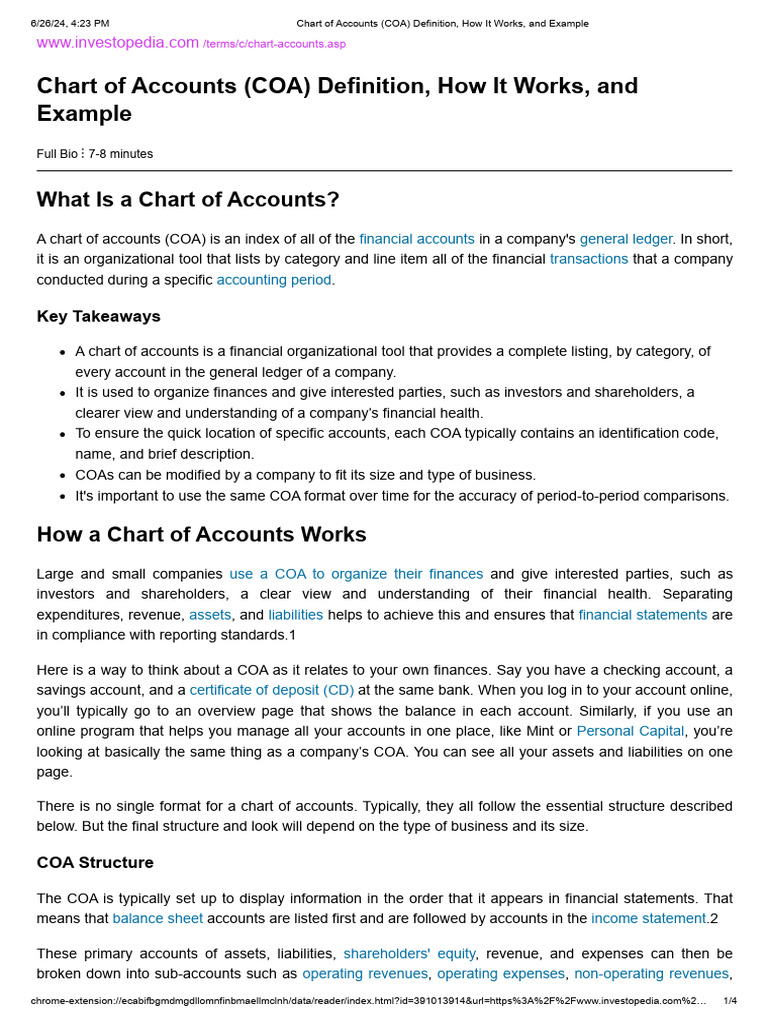 Chart of Accounts (COA) Definition, How It Works, and Example - Reader View | PDF | Expense ...