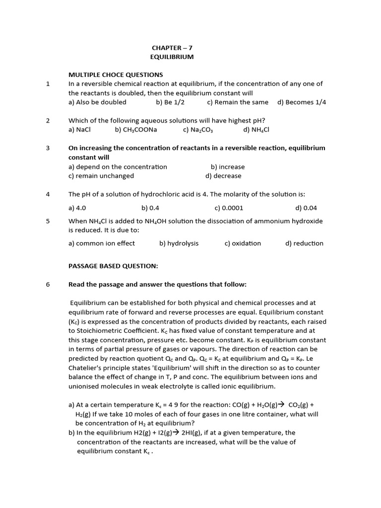 Assignment - Equilibrium, Redox Reactions | PDF | Chemical Equilibrium | Redox