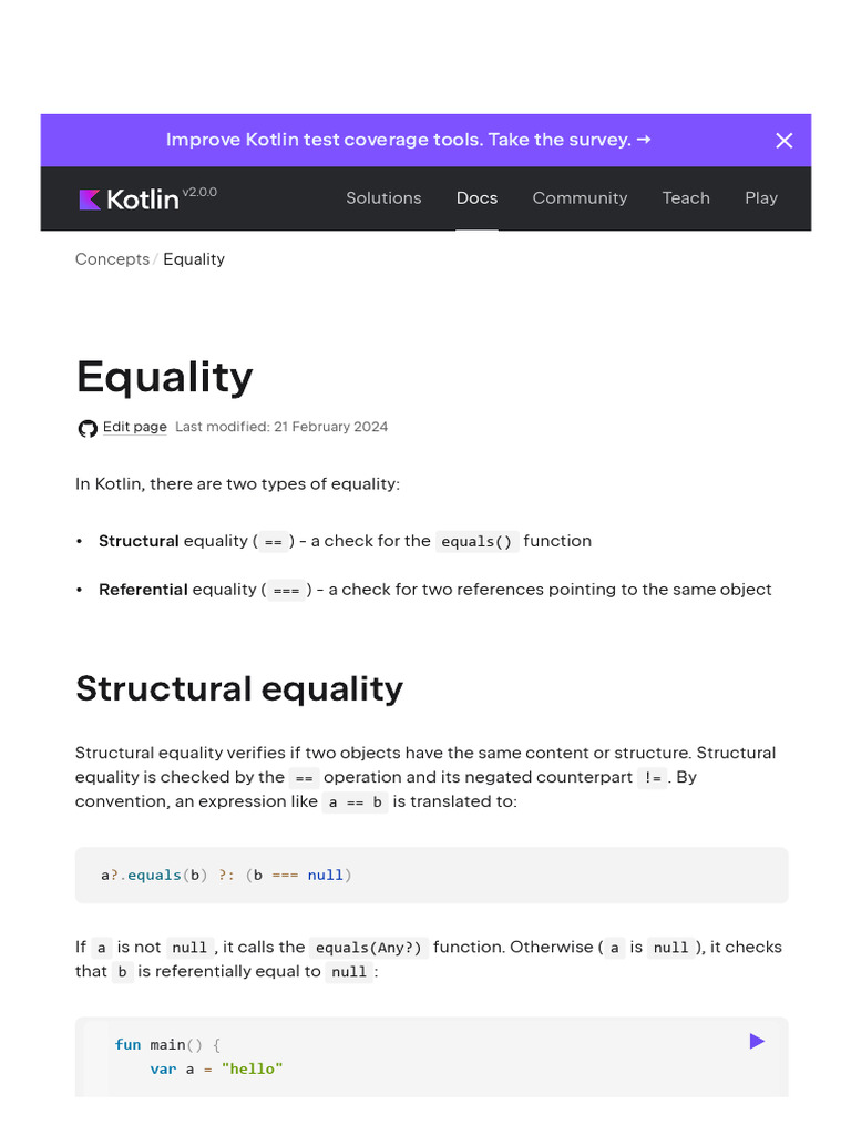 Equality - Kotlin Documentation | PDF | Class (Computer Programming) | Boolean Data Type