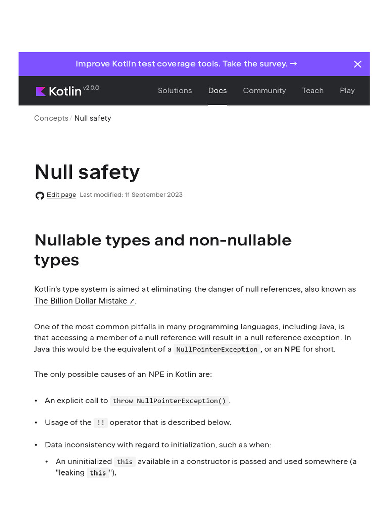Null Safety - Kotlin Documentation | PDF | Object (Computer Science ... Null Safety - Kotlin Documentation | PDF | Object (Computer Science ...