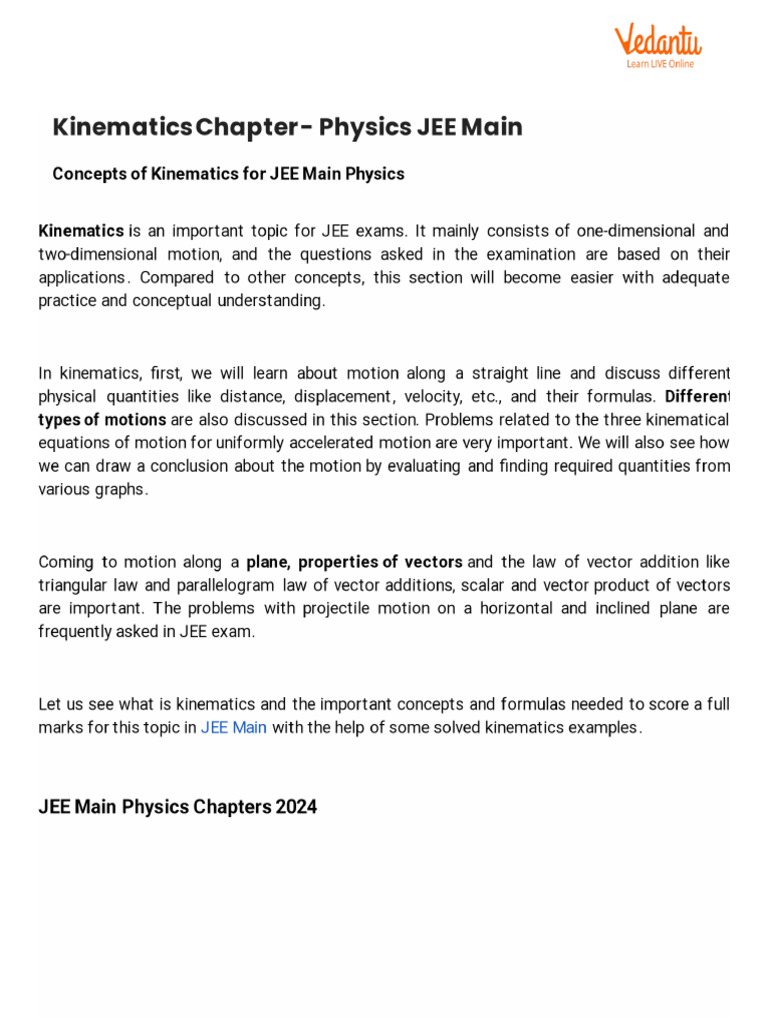 Kinematics Chapter - Physics JEE Main | PDF