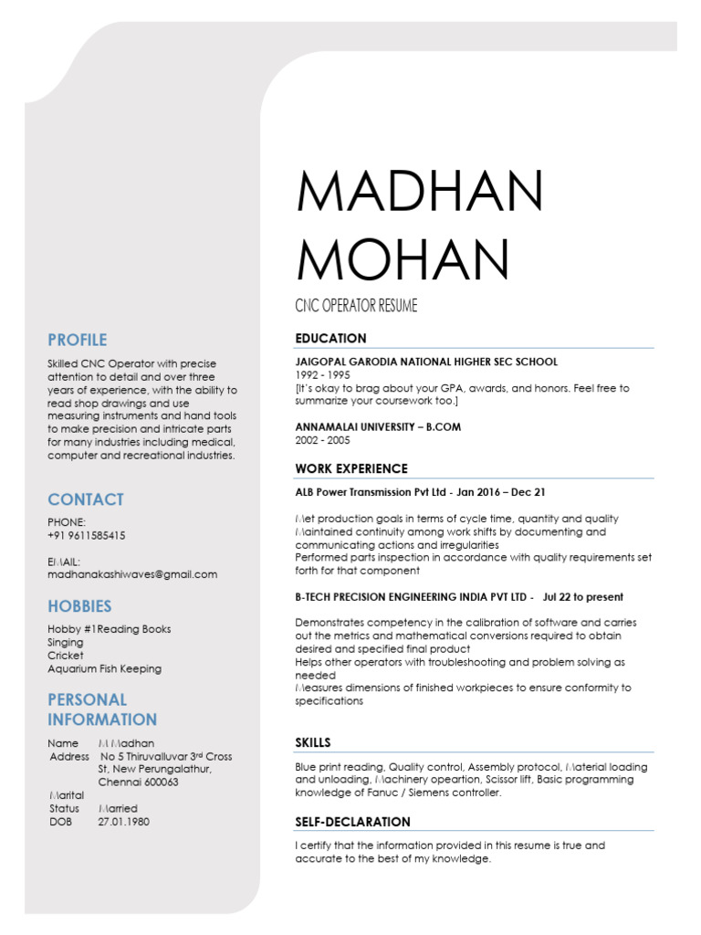 CNC Operator Resume of M. Madhan | PDF