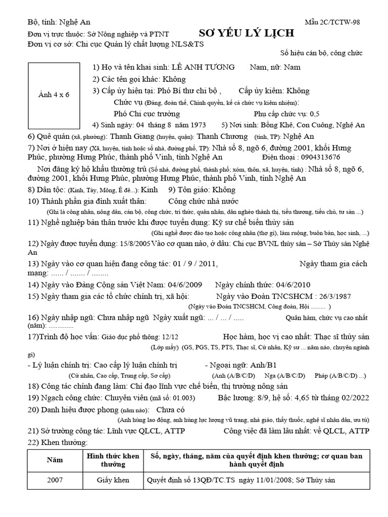 MAU LY LICH (TUONG) - 2C.TCTW-98 | PDF