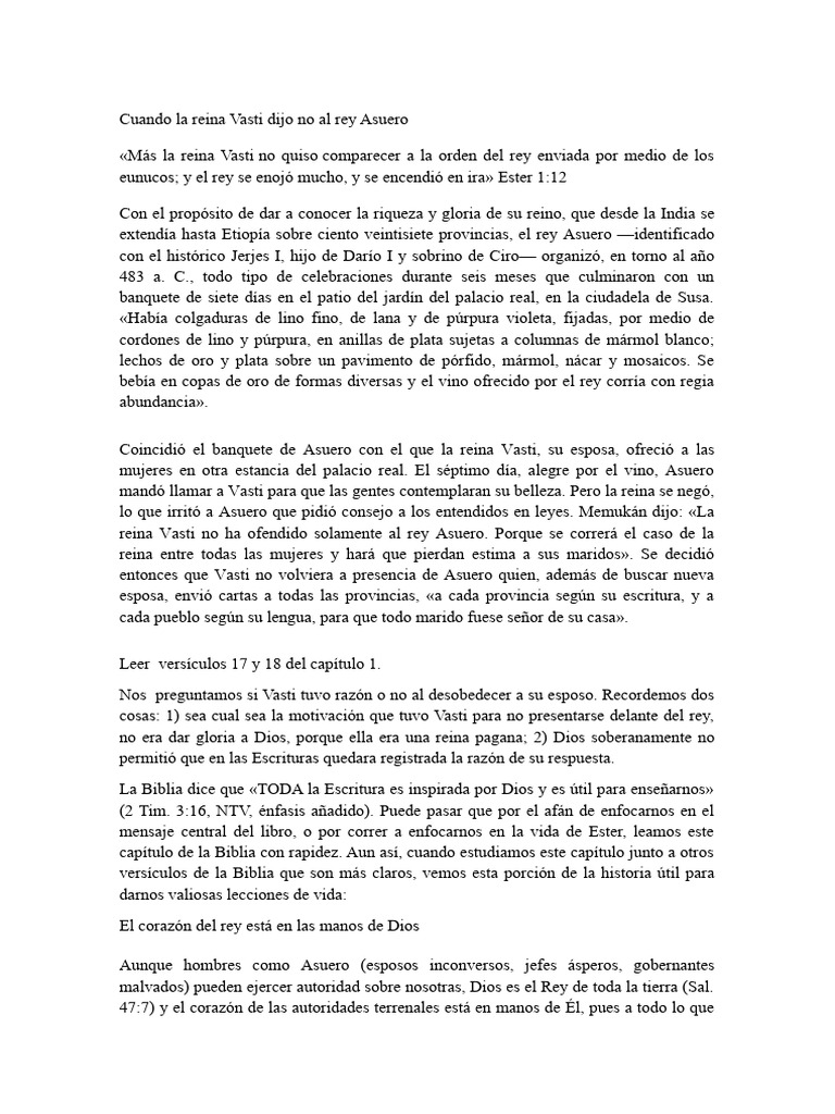 Cuando La Reina Vasti Dijo No Al Rey Asuero | PDF | Esther | Biblia