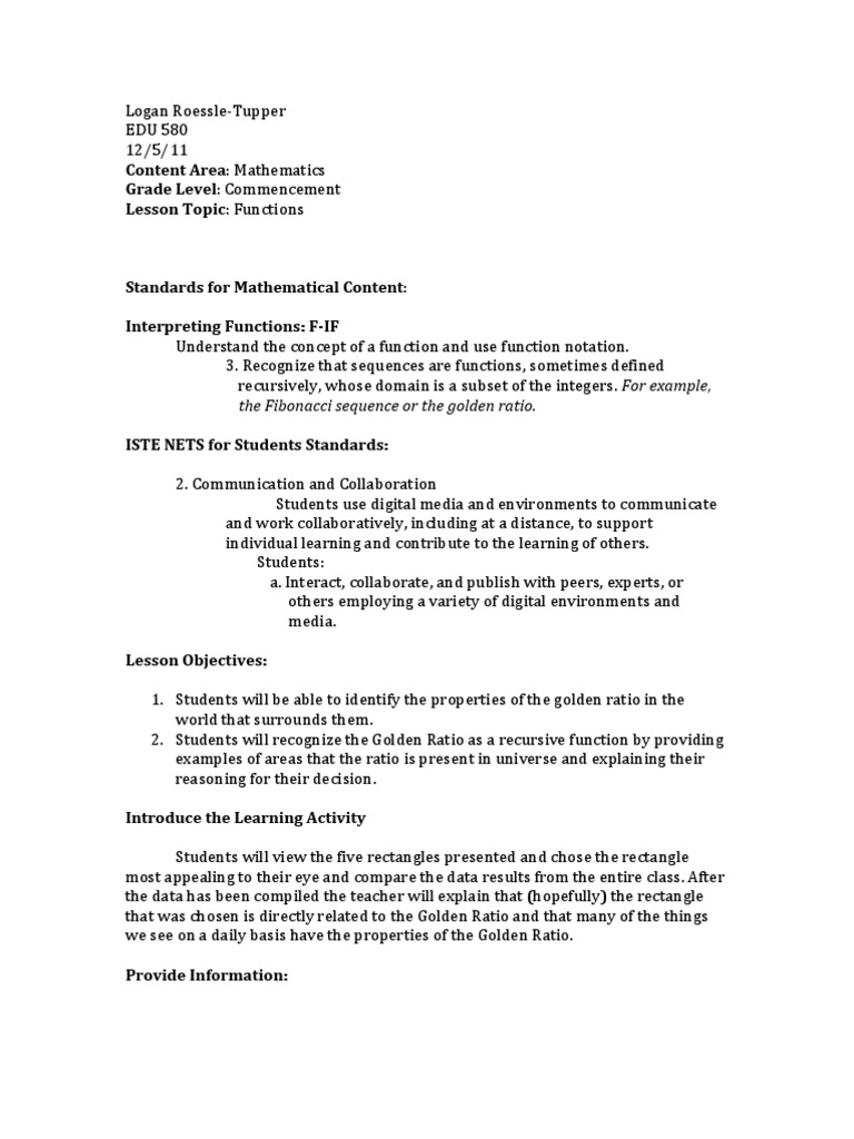 Golden Ratio Lesson Plan | PDF | Function (Mathematics) | Sequence
