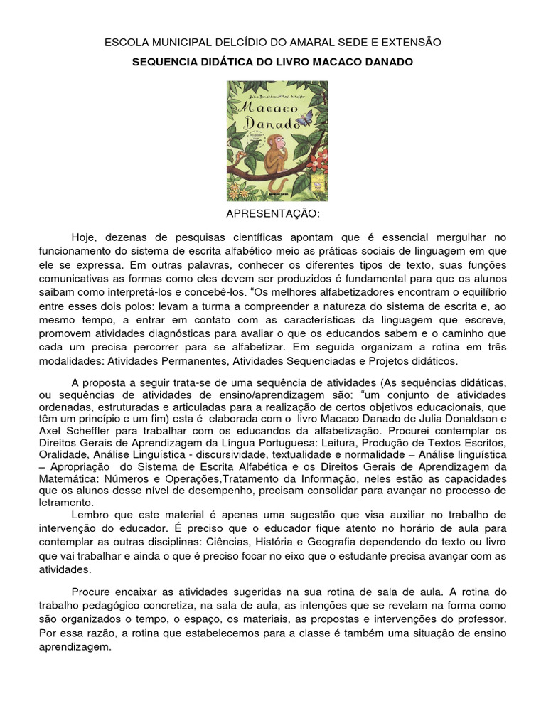 Sequencia Didática Do Livro Macaco Danado | Download grátis PDF ...